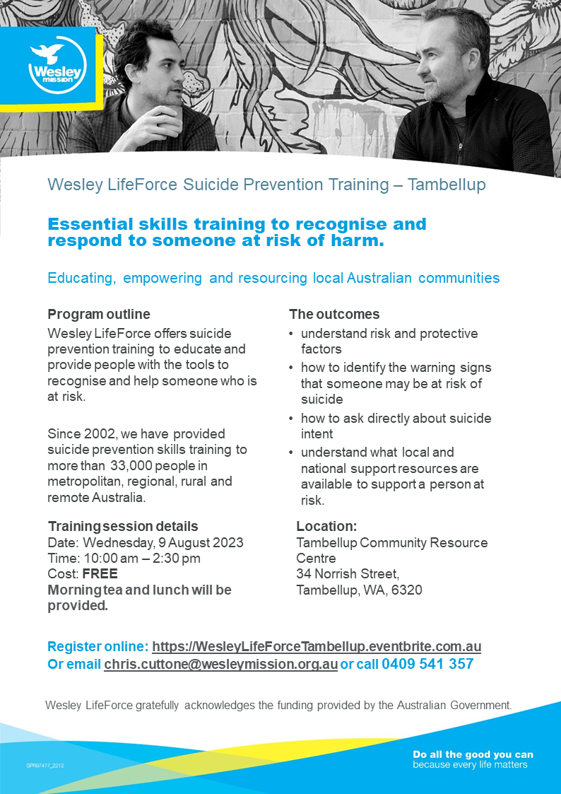 Wesley LifeForce Suicide Prevention Training - Tambellup » Shire of Broomehill-Tambellup